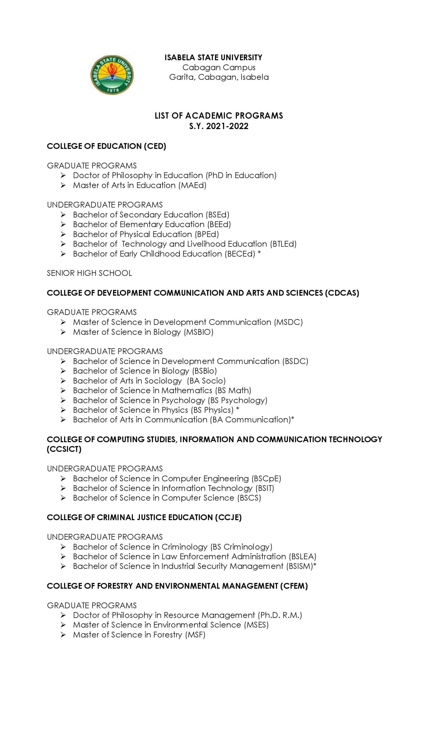 Program Offerings | Isabela State University | Cabagan Campus